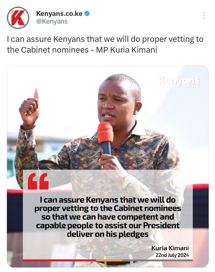 MP Kuria Kimani Breaks His Silence on Vetting of New Cabinet - Kenyans ...